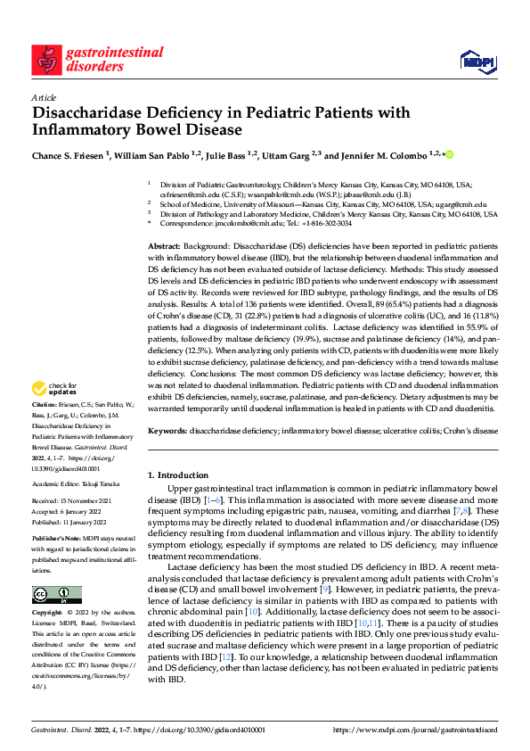 (PDF) Disaccharidase Deficiency in Pediatric Patients with Inflammatory ...