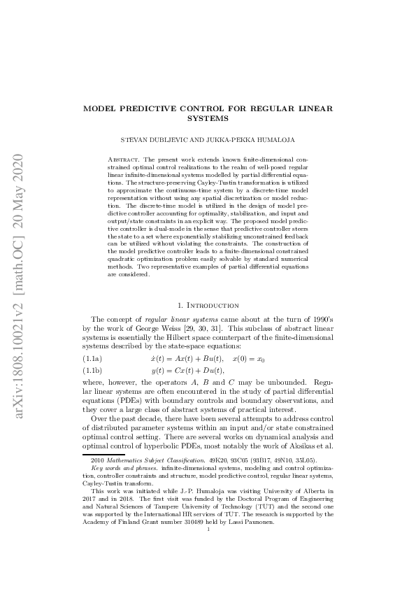 (PDF) Model predictive control for regular linear systems