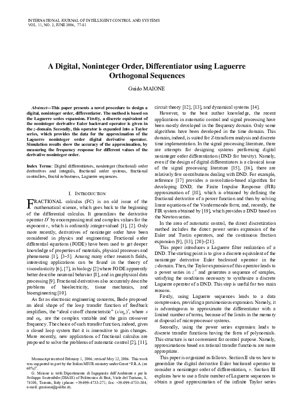 (PDF) A Digital, Noninteger Order, Differentiator using Laguerre Orthogonal Sequences