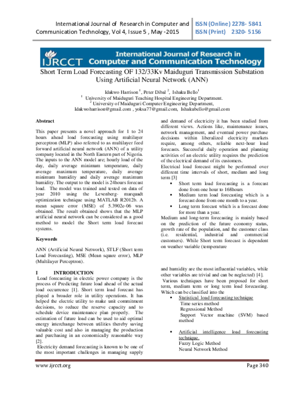 (PDF) Short Term Load Forecasting OF 132/33Kv Maiduguri Transmission Substation Using Artificial ...
