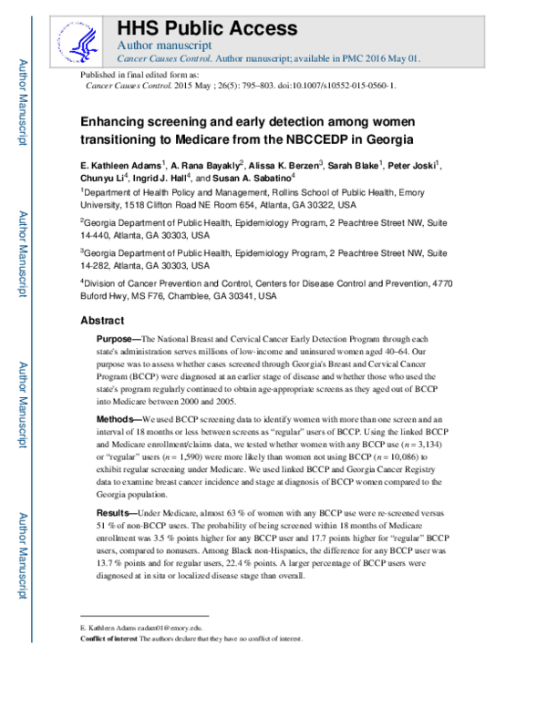 (PDF) Enhancing screening and early detection among women transitioning ...