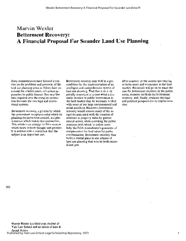 (PDF) Betterment Recovery: A Financial Proposal For Sounder Land Use ...