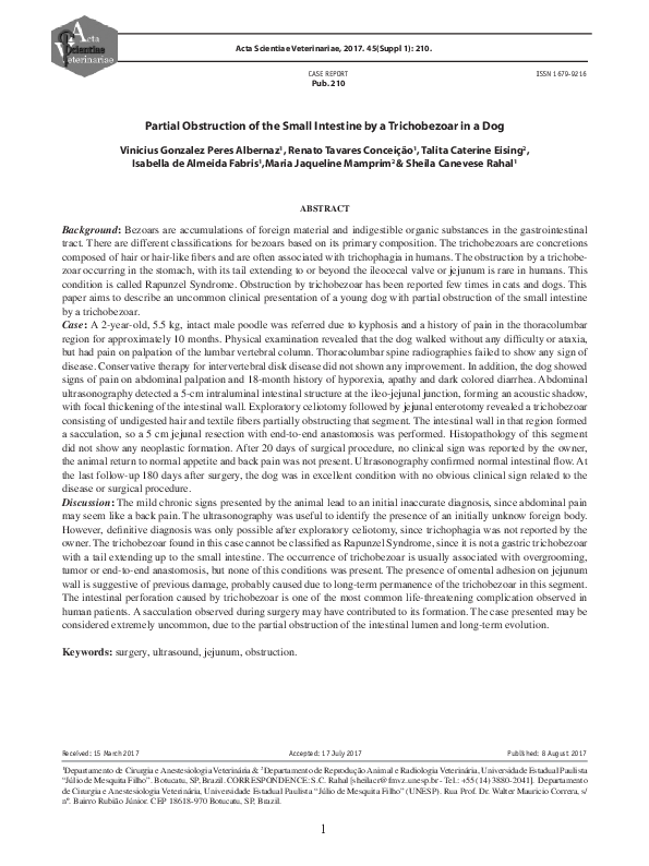 (PDF) Partial Obstruction of the Small Intestine by a Trichobezoar in a Dog