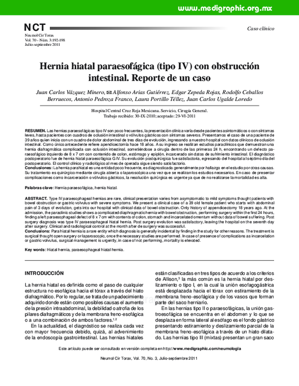 (PDF) Hernia hiatal paraesofágica (tipo IV) con obstrucción intestinal ...