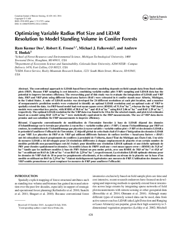Pdf Optimizing Variable Radius Plot Size And Lidar Resolution To Model Standing Volume In 3142