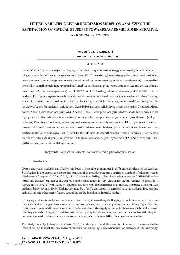 (PDF) FITTING A MULTIPLE LINEAR REGRESSION MODEL ON ASSESSING THE SATISFACTION OF STUDENTS ...