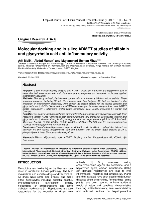 (PDF) Molecular docking and in silico ADMET studies of silibinin and glycyrrhetic acid anti ...