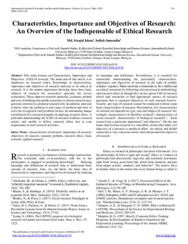 (PDF) Characteristics, Importance and Objectives of Research: An ...