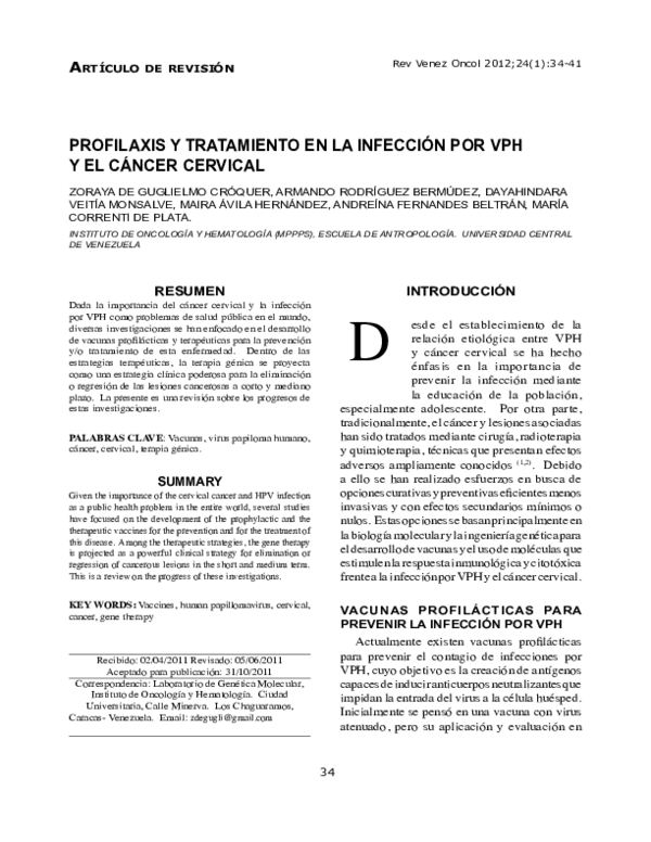 (PDF) Profilaxis y Tratamiento en La Infección Por VPH y El Cáncer Cervical