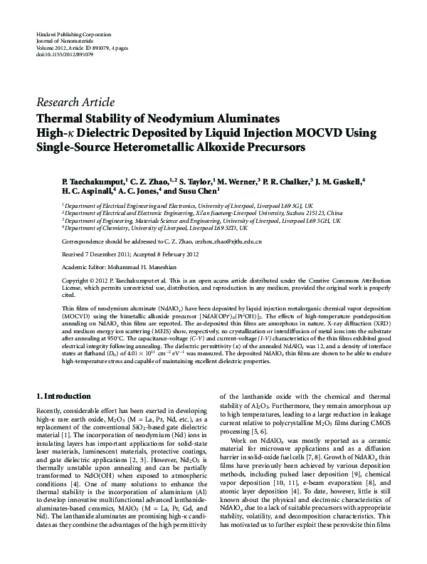 (PDF) Thermal Stability of Neodymium Aluminates High-κ Dielectric ...
