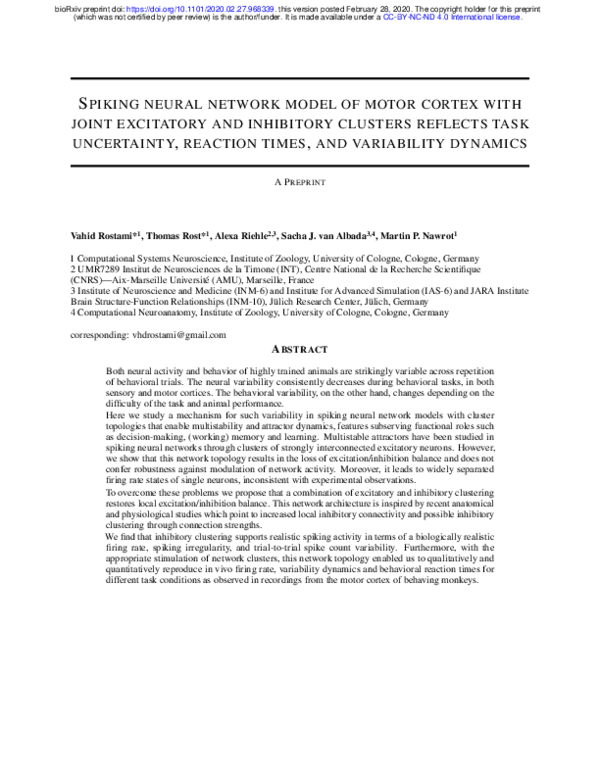 (PDF) Spiking neural network model of motor cortex with joint excitatory and inhibitory clusters ...