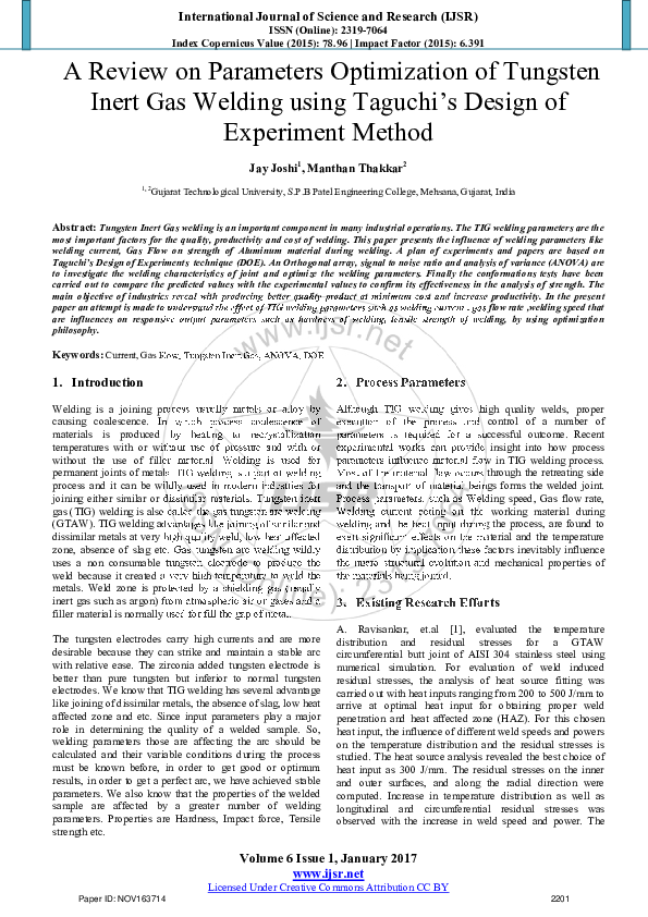 (PDF) A Review on Parameters Optimization of Tungsten Inert Gas Welding using Taguchi
