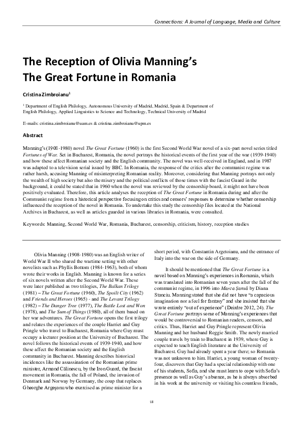(PDF) The Reception of Olivia Manning’s The Great Fortune in Romania