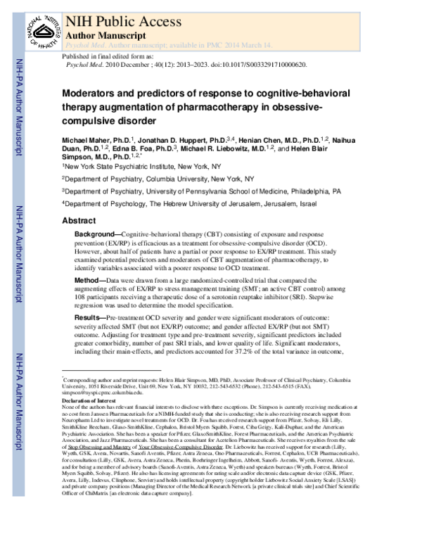 (PDF) Moderators and predictors of response to cognitive-behavioral therapy augmentation of ...
