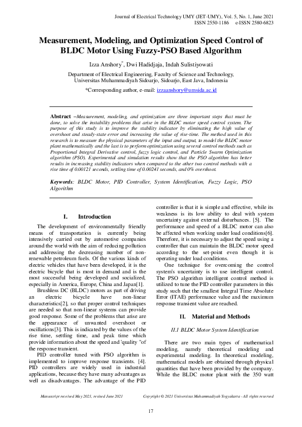 (PDF) Measurement, Modeling, and Optimization Speed Control of BLDC Motor Using Fuzzy-PSO Based ...
