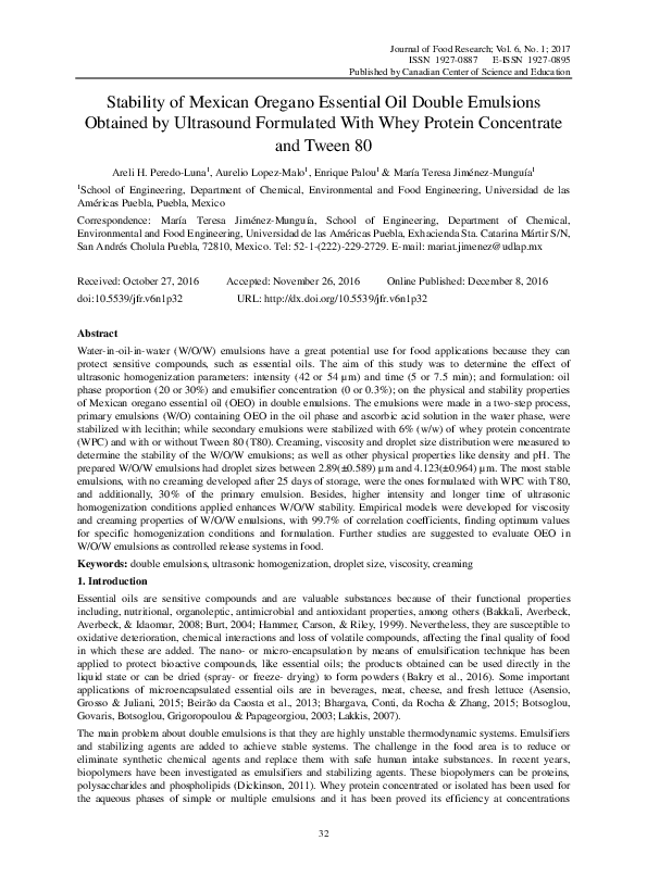 (PDF) Stability of Mexican Oregano Essential Oil Double Emulsions Obtained by Ultrasound ...