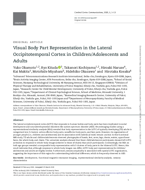 (PDF) Visual Body Part Representation in the Lateral Occipitotemporal Cortex in Children ...