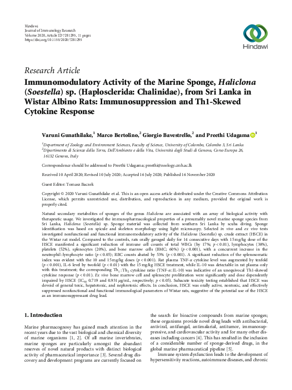 (PDF) Immunomodulatory Activity of the Marine Sponge, Haliclona ...