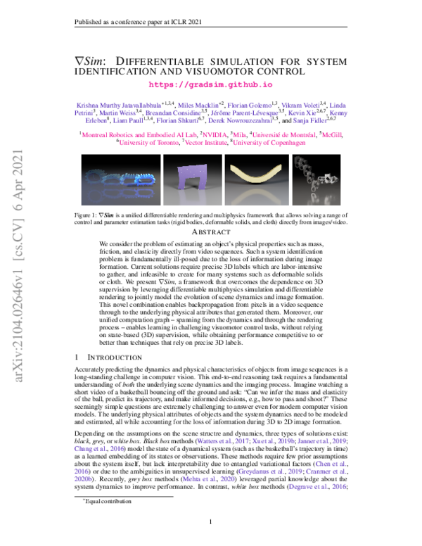 (PDF) gradSim: Differentiable simulation for system identification and visuomotor control