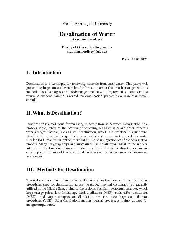 (PDF) Desalination of Water