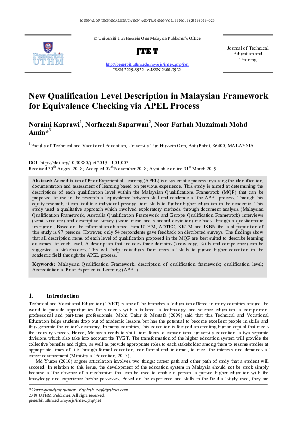 (PDF) New Qualification Level Description in Malaysian Framework for ...