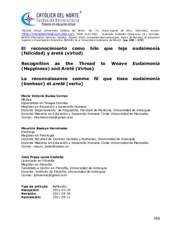 (PDF) El reconocimiento como hilo que teje eudaimonía (felicidad) y areté (virtud)