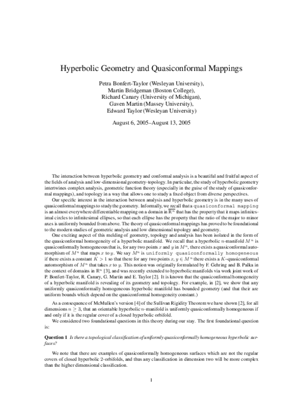 (PDF) Hyperbolic Geometry and Quasiconformal Mappings