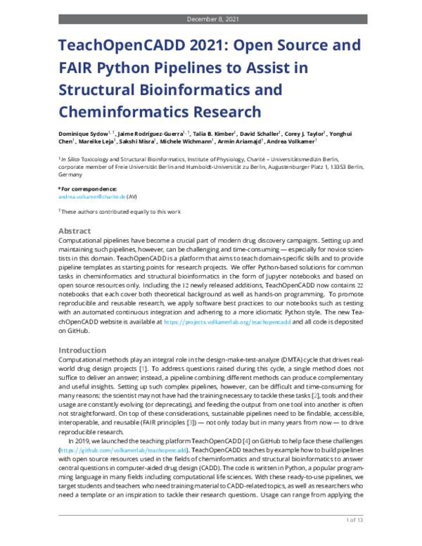 (PDF) TeachOpenCADD 2021: Open Source and FAIR Python Pipelines to Assist in Structural ...