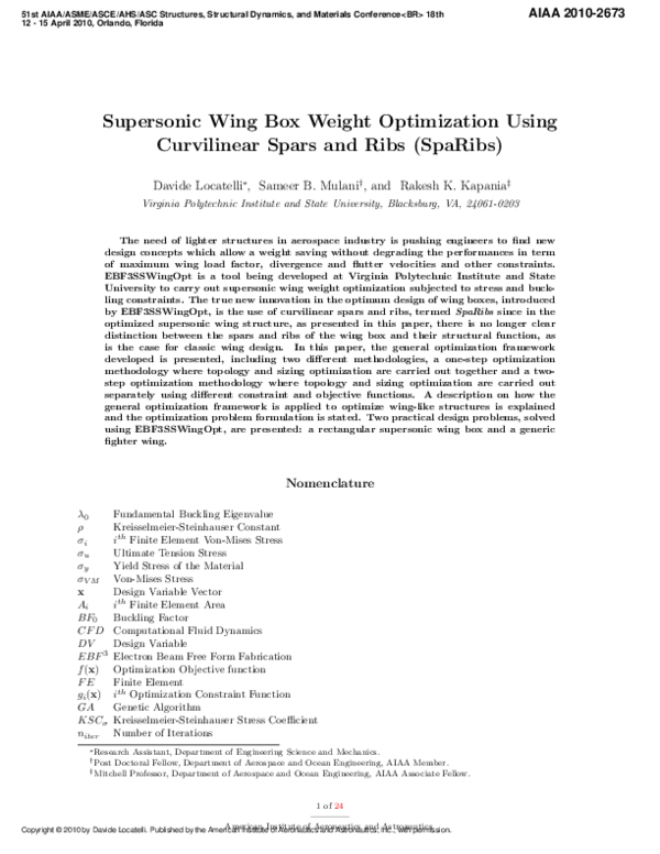 (PDF) Supersonic wing box weight optimization using curvilinear Spars and Ribs (SpaRibs)