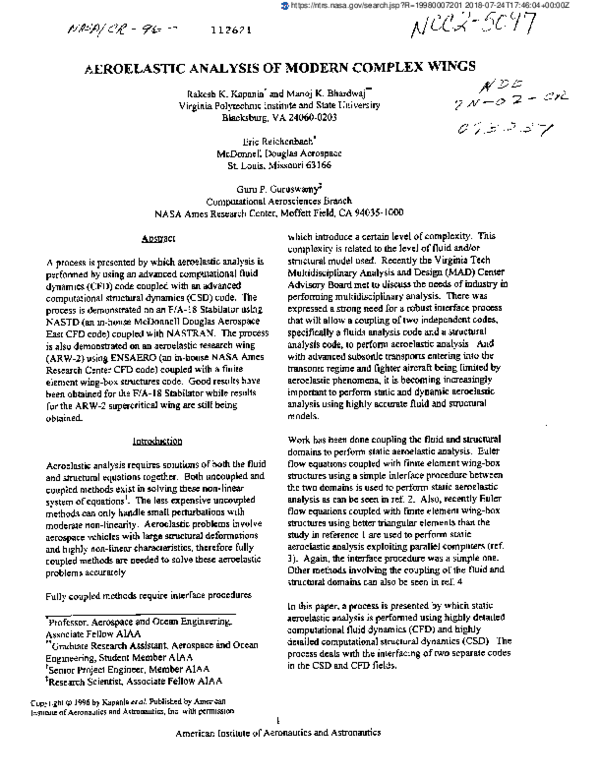 (PDF) Aeroelastic analysis of modern complex wings