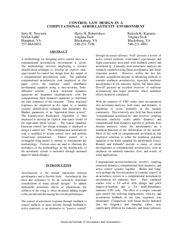 (PDF) Control Law Design in a Computational Aeroelasticity Environment