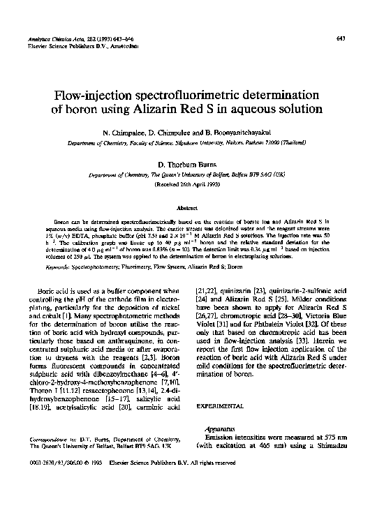 Pdf Flow Injection Spectrofluorimetric Determination Of Boron Using Alizarin Red S In Aqueous