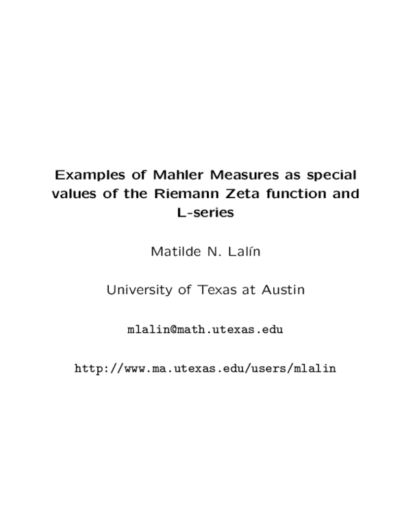 (PDF) Examples of Mahler Measures as special values of the Riemann Zeta function and L-series ...