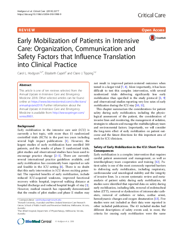 (PDF) Early Mobilization of Patients in Intensive Care: Organization ...