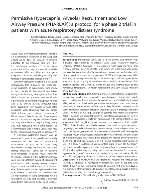 (PDF) Permissive Hypercapnia, Alveolar Recruitment and Low Airway Pressure (PHARLAP): a protocol ...