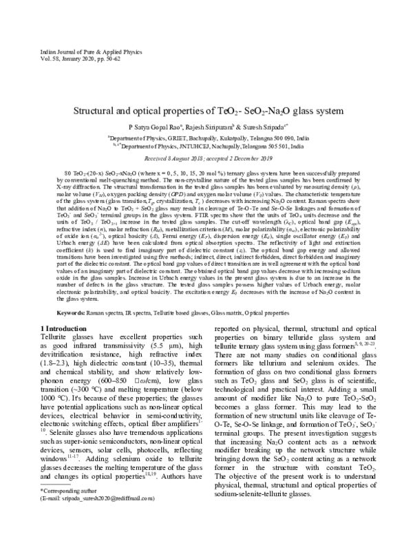 (PDF) Structural and optical properties of TeO2- SeO2-Na2O glass system