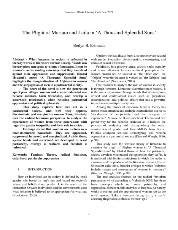 (PDF) The Plight of Mariam and Laila in A Thousands Splendid Suns