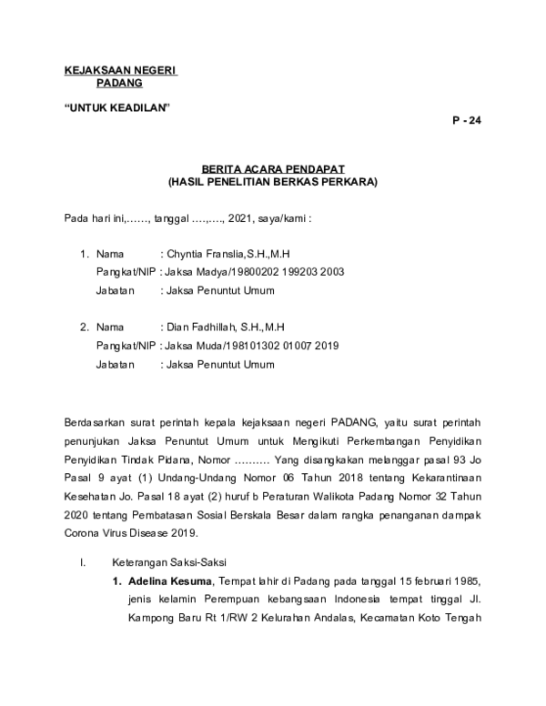 (DOC) KEJAKSAAN NEGERI PADANG "UNTUK KEADILAN" P -24 BERITA ACARA ...