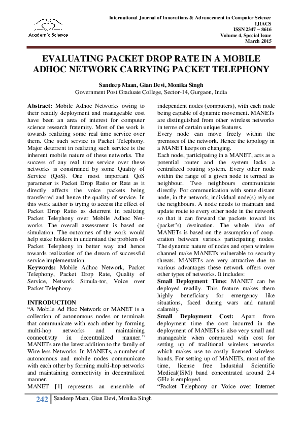 (PDF) Evaluating Packet Drop Rate in a Mobile Adhoc Network Carrying Packet Telephony