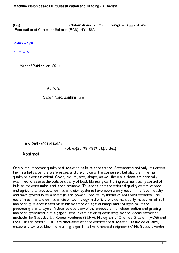 (PDF) Machine Vision based Fruit Classification and Grading - A Review