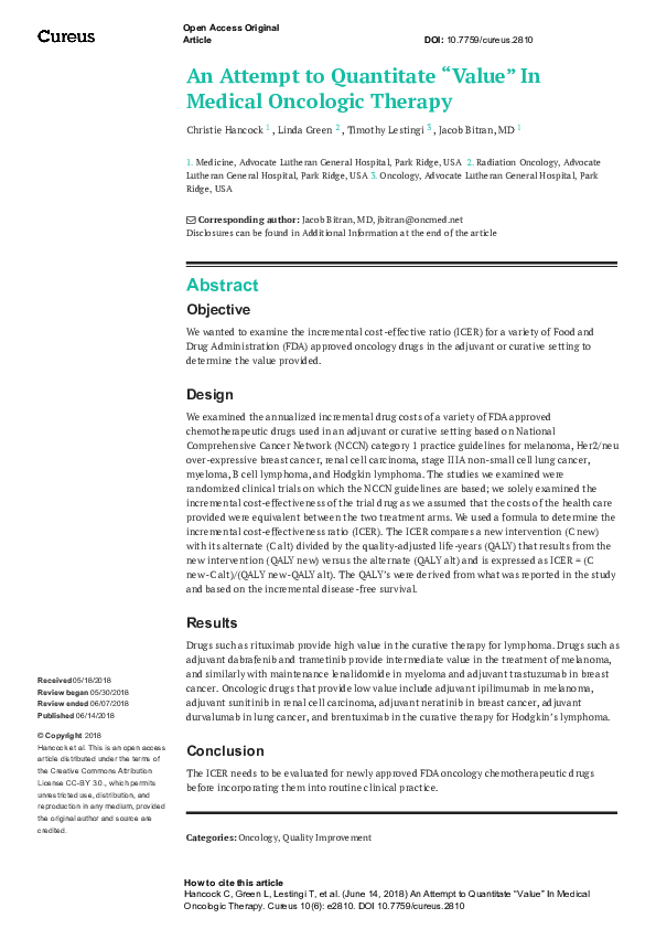 (PDF) An Attempt to Quantitate "Value" In Medical Oncologic Therapy ...