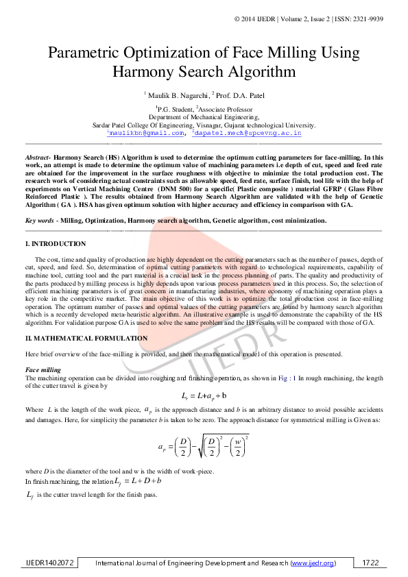 (PDF) Parametric Optimization of Face Milling Using Harmony Search Algorithm