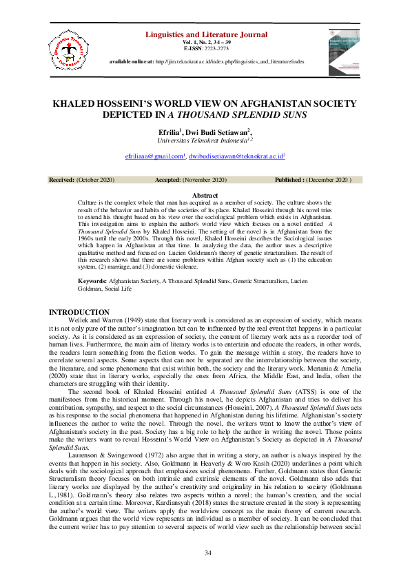 (PDF) Khaled Hosseini’s World View on Afghanistan Society Depicted in a ...