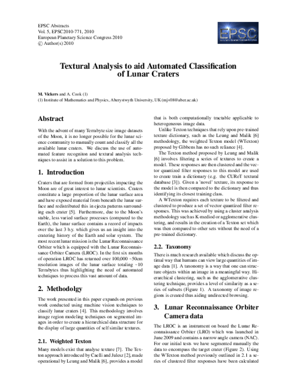 Pdf Textural Analysis To Aid Automated Classification Of Lunar Craters