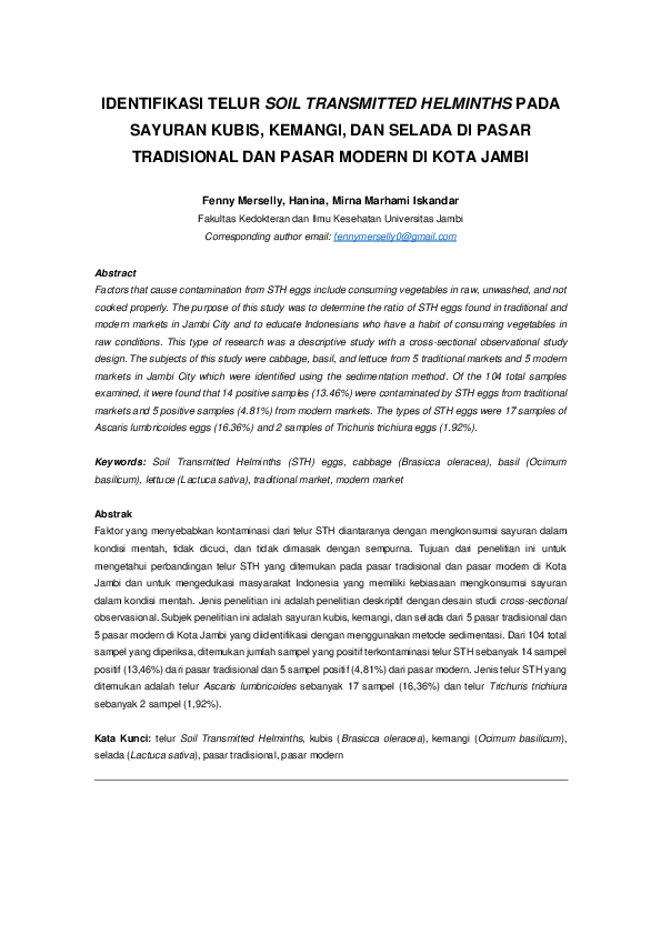 (PDF) Identifikasi Telur Soil Transmitted Helminths Pada Sayuran Kubis, Kemangi, Dan Selada DI ...