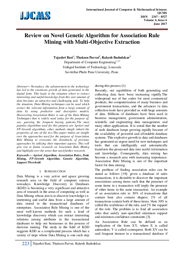Pdf 223 Review On Novel Genetic Algorithm For Association Rule Mining With Multi Objective
