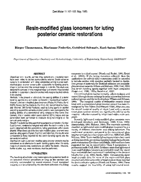 Pdf Resin Modified Glass Ionomers For Luting Posterior Ceramic Restorations Birger Thonemann