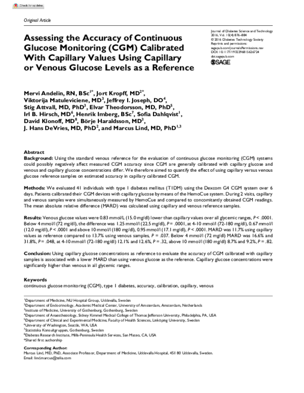 (PDF) Assessing the Accuracy of Continuous Glucose Monitoring (CGM) Calibrated With Capillary ...