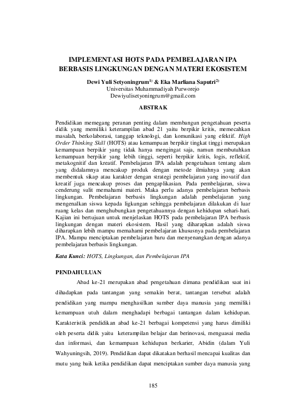 (PDF) Implementasi Hots Pada Pembelajaran Ipa Berbasis Lingkungan Dengan Materi Ekosistem