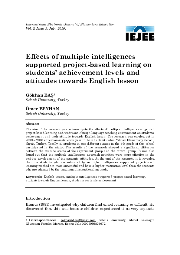 (PDF) Effects of multiple intelligences supported project-based learning on students ...